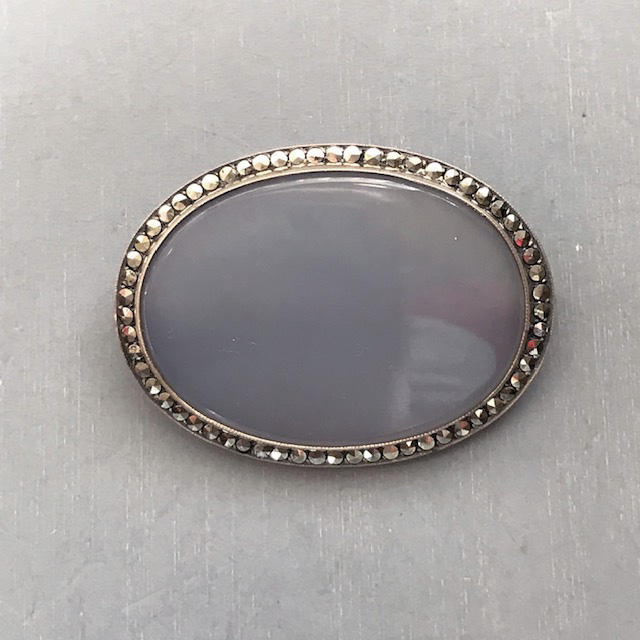 GERMAN oval brooch with translucent gray chalcedony and marcasites in a ...